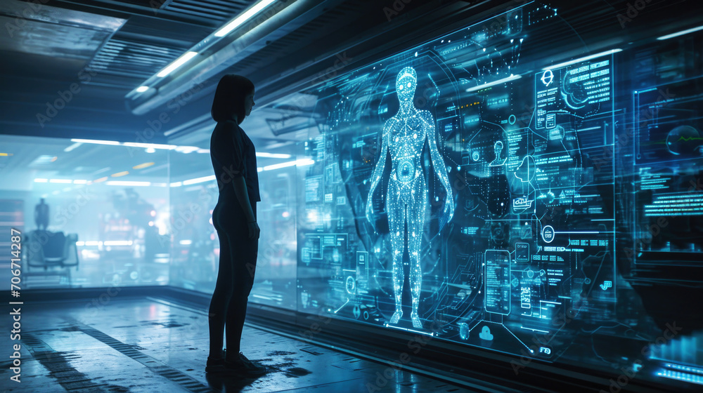 A person standing next to their digital twin, displayed on a large ...