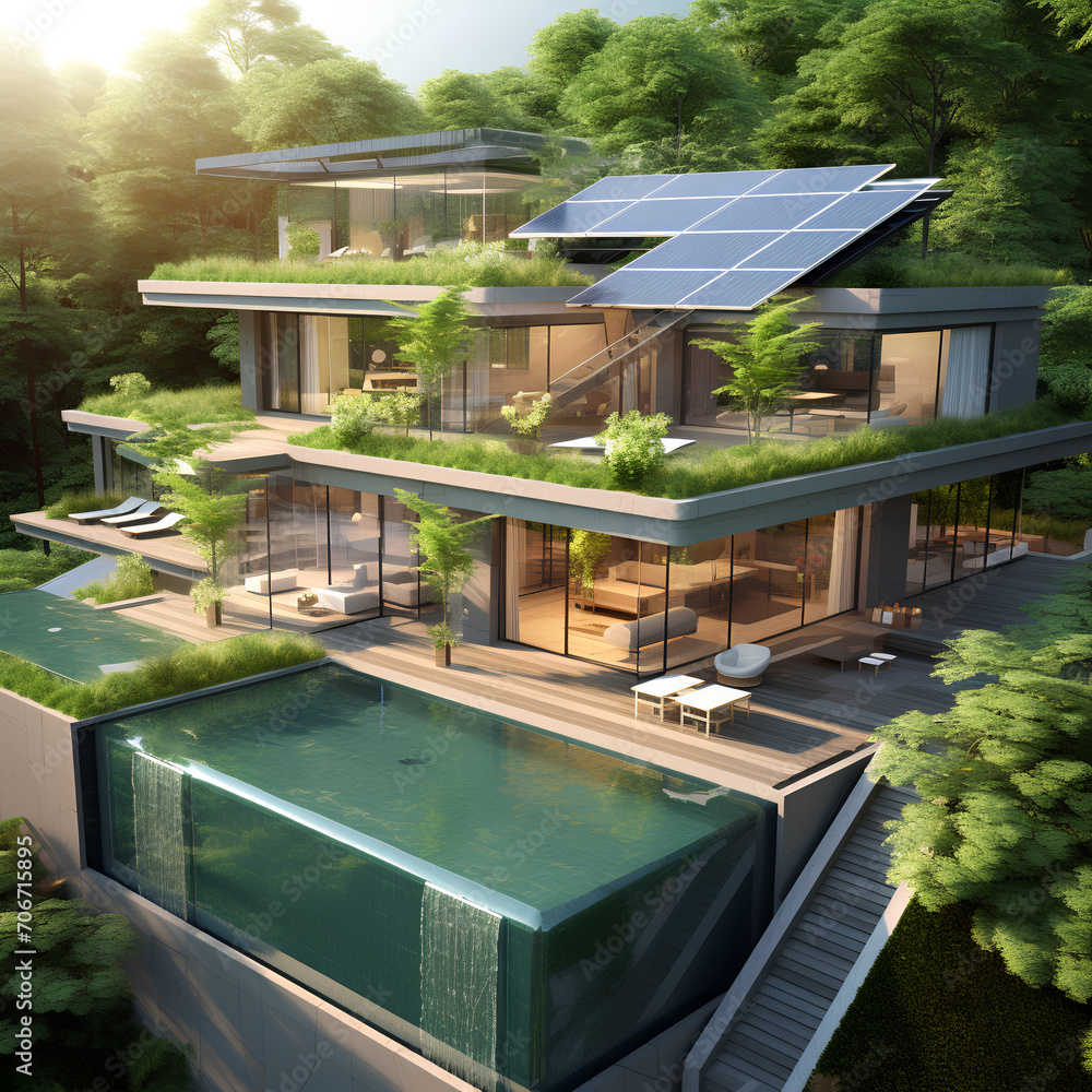 100% green futuristic villa with a pool, focusing on innovative and ...