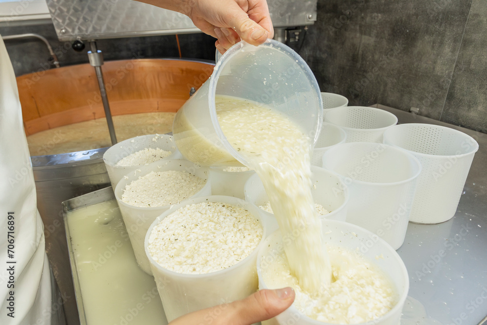 Anonymous cheese maker expertly ladles curds into molds for shaping and ...
