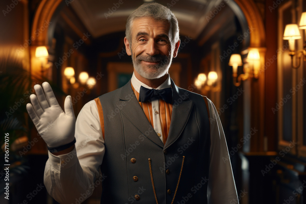 A bellman offering a warm welcome and escorting guests to their rooms ...