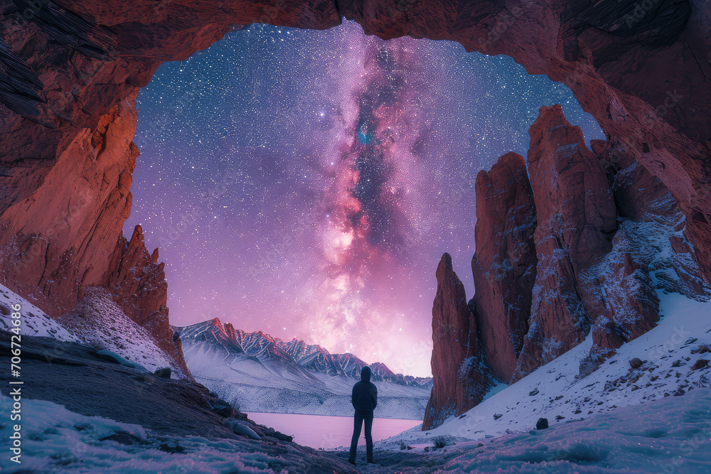 Paisaje Mágico Nocturno de cueva polar con paisaje montañoso nevado con ...