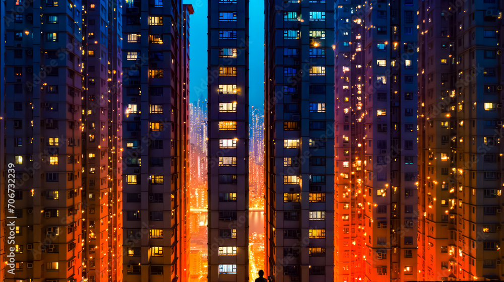 Couple standing in front of tall building at night with the lights on ...