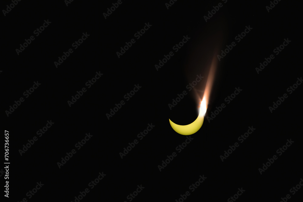Partial solar eclipse. Moon blocked part of sun. Rare astronomical ...