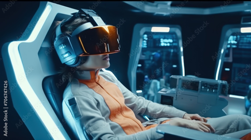 Futuristic simulator seat cockpit, man playing smart video games with ...