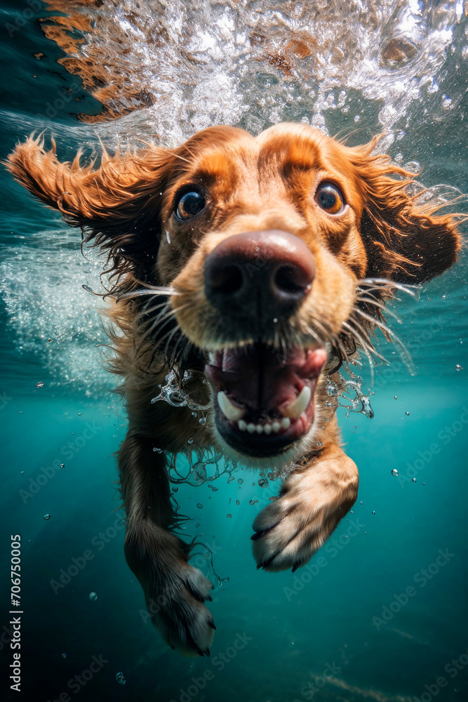 Generative AI illustration of underwater view of a playful dog diving ...