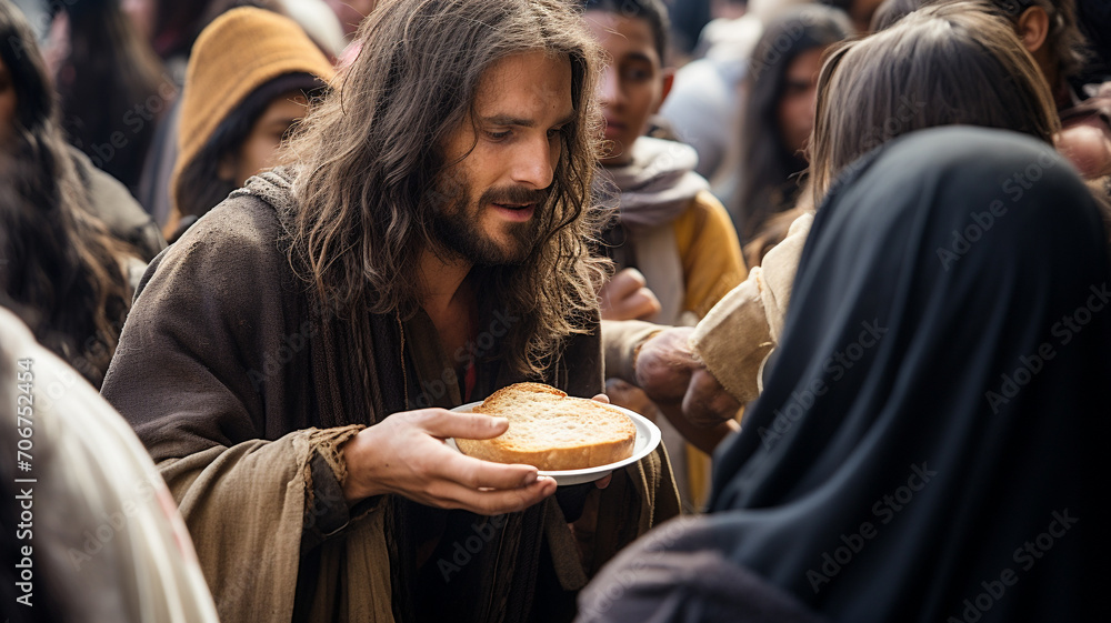 Jesus Christ gives bread to poor people, kindness and selflessness ...