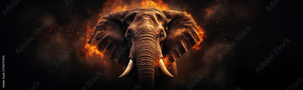 ภาพประกอบสต็อก Flaming Elephant fantasy horizontal poster. Ashes ...