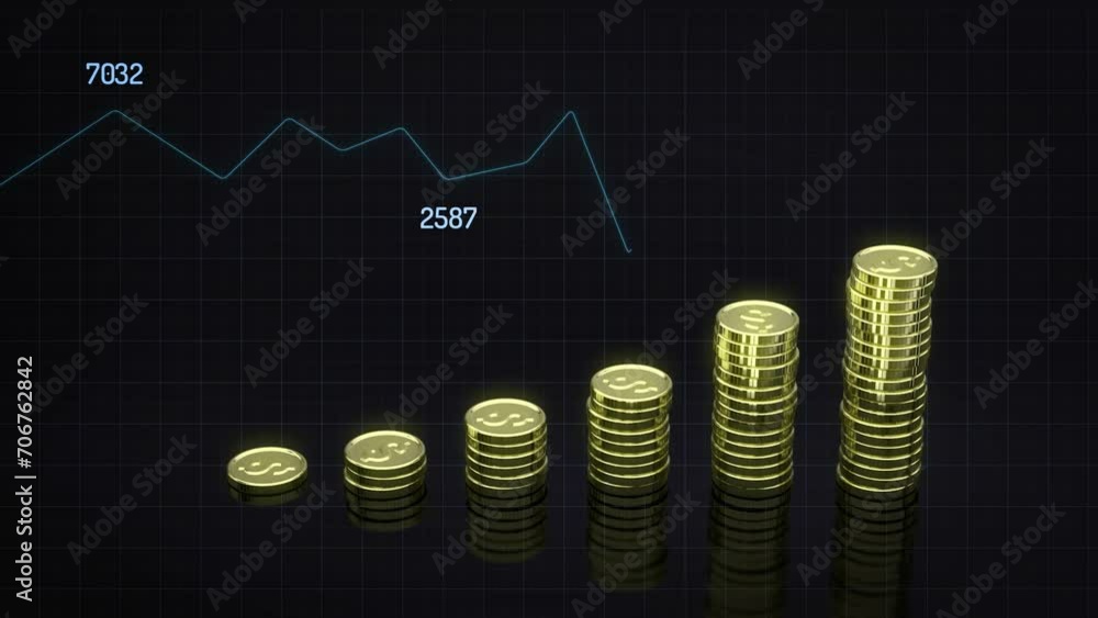 Investment volatility chart. Stack of coins growing up and down with ...