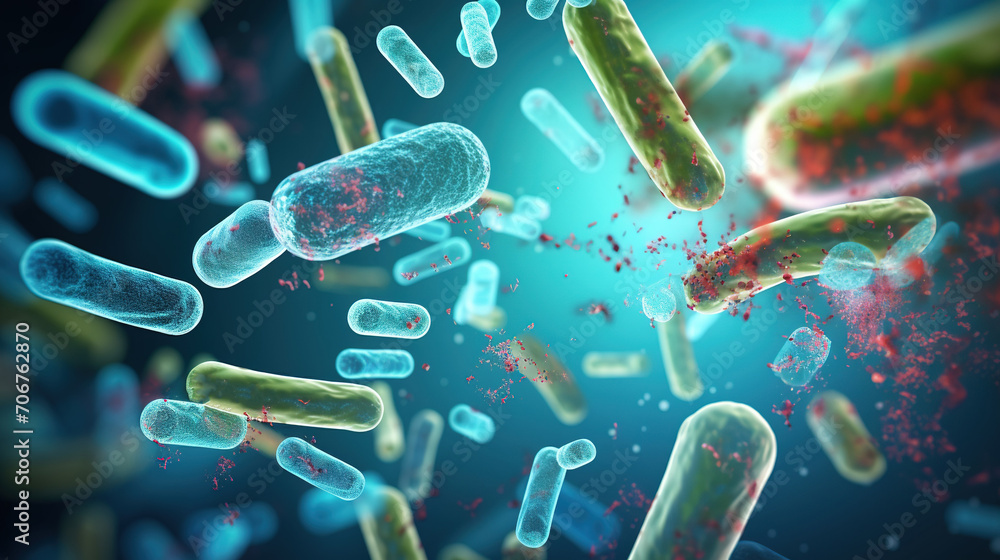 Escherichia coli in water under a microscope. 3D illustration of Gram ...