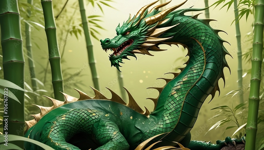 A green and gold dragon in a bamboo forest. A chinese mythological ...