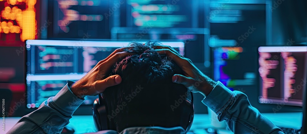 Shocked young programmer keeping his hands on head while looking at ...