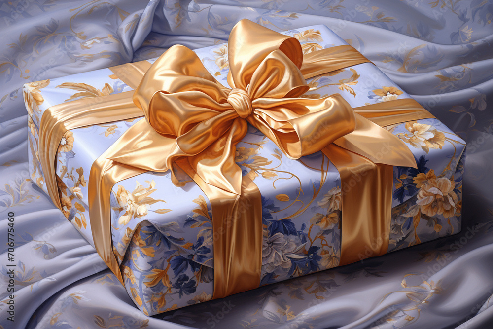 An oil painting portraying a beautifully wrapped gift with a bow tied ...