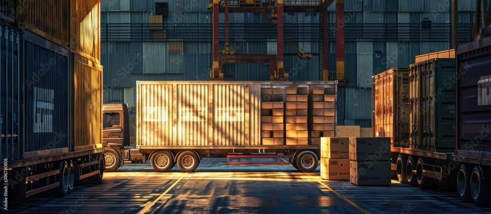 Packaging Boxes Stacked on Pallets Load with Shipping Cargo Container ...