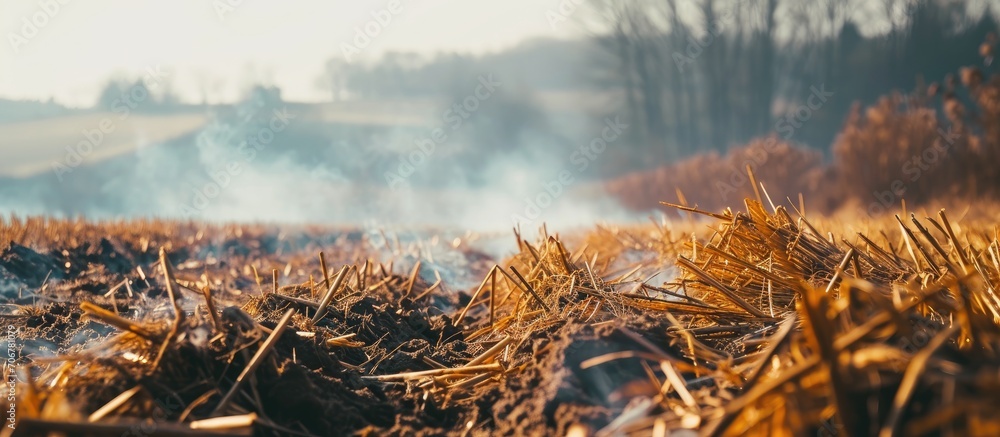 Straw burning after harvesting at the field smoky fields burning ...