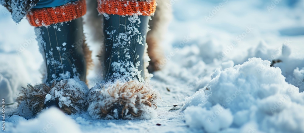 Snow building up on the legs of a poodle while wearing rubber boots to ...