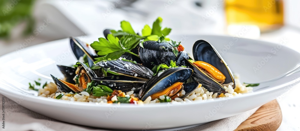 Mussel rice pilaf Rice with mussels on small white plate on ceramic ...