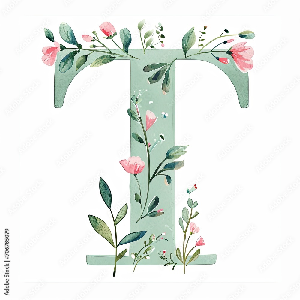 Watercolor cottagecore alphabet letter T Stock Illustration | Adobe Stock