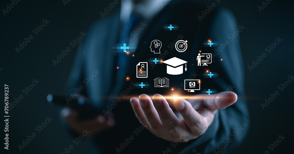 E-learning graduate certificate program concept. Man showing education ...