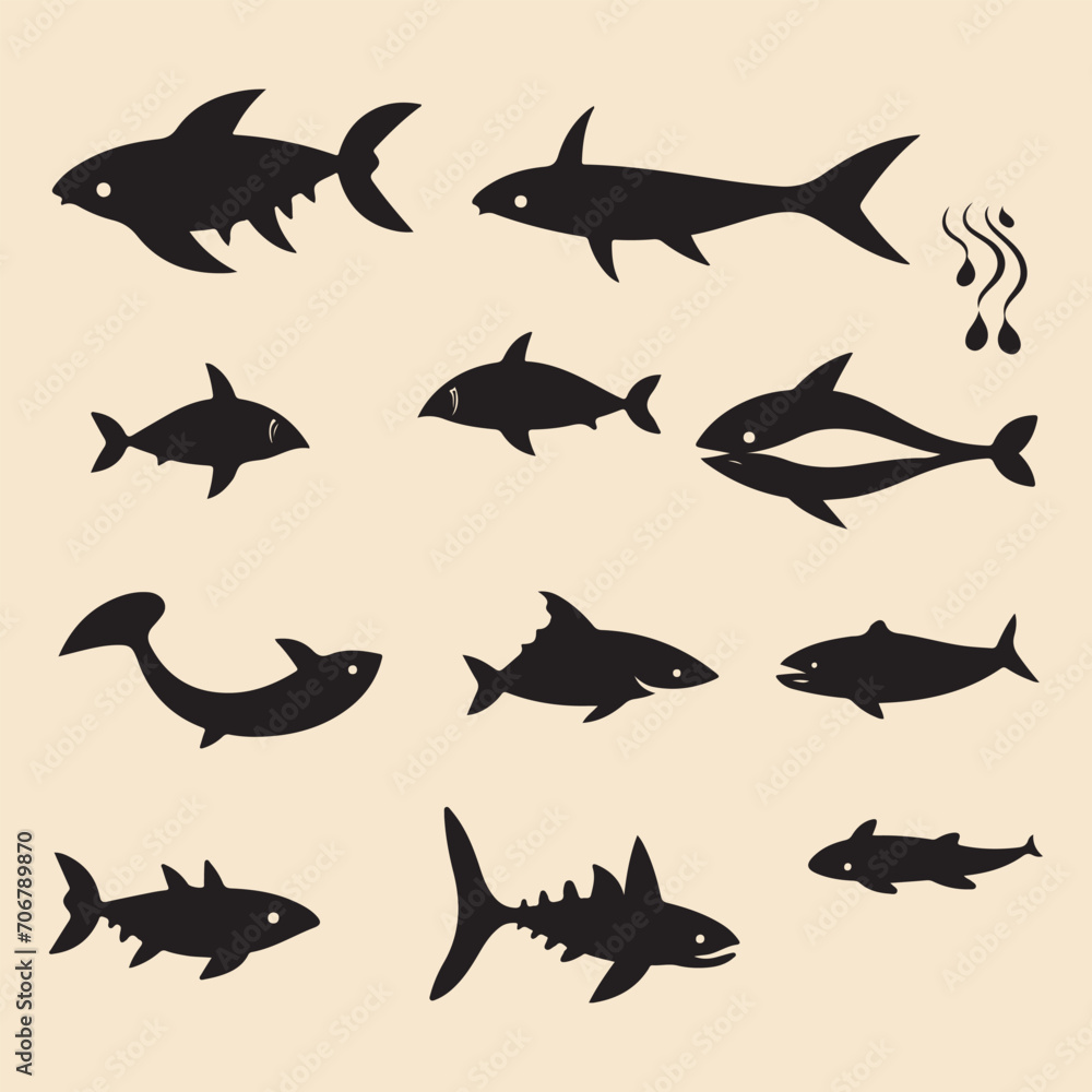 sea animals set black silhouette Clip art Stock Vector | Adobe Stock