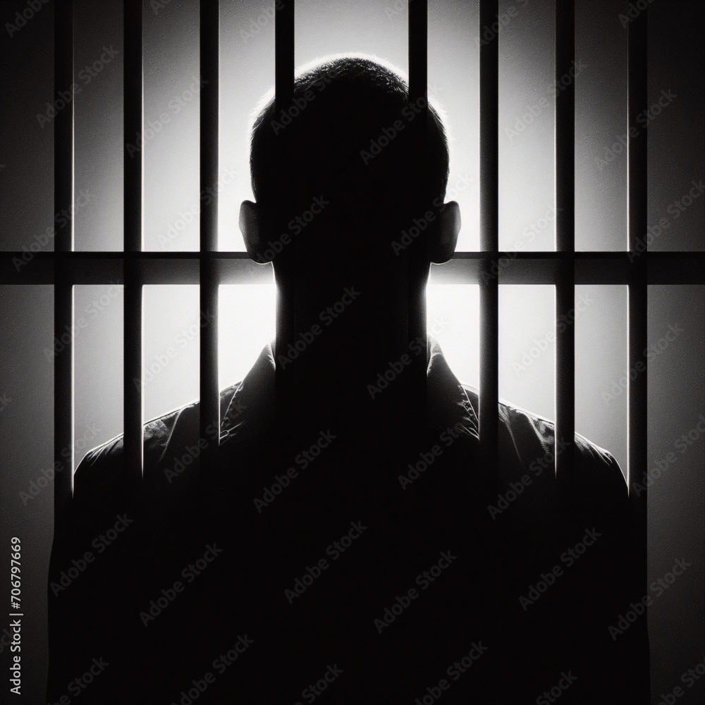 silhouette of a prisoner behind bars. Man in prison, desperate criminal ...