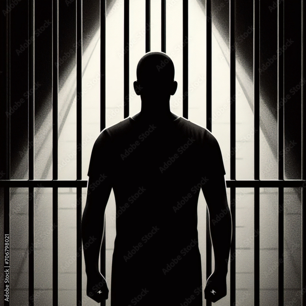 silhouette of a prisoner behind bars. Man in prison, desperate criminal holding jail bars ...