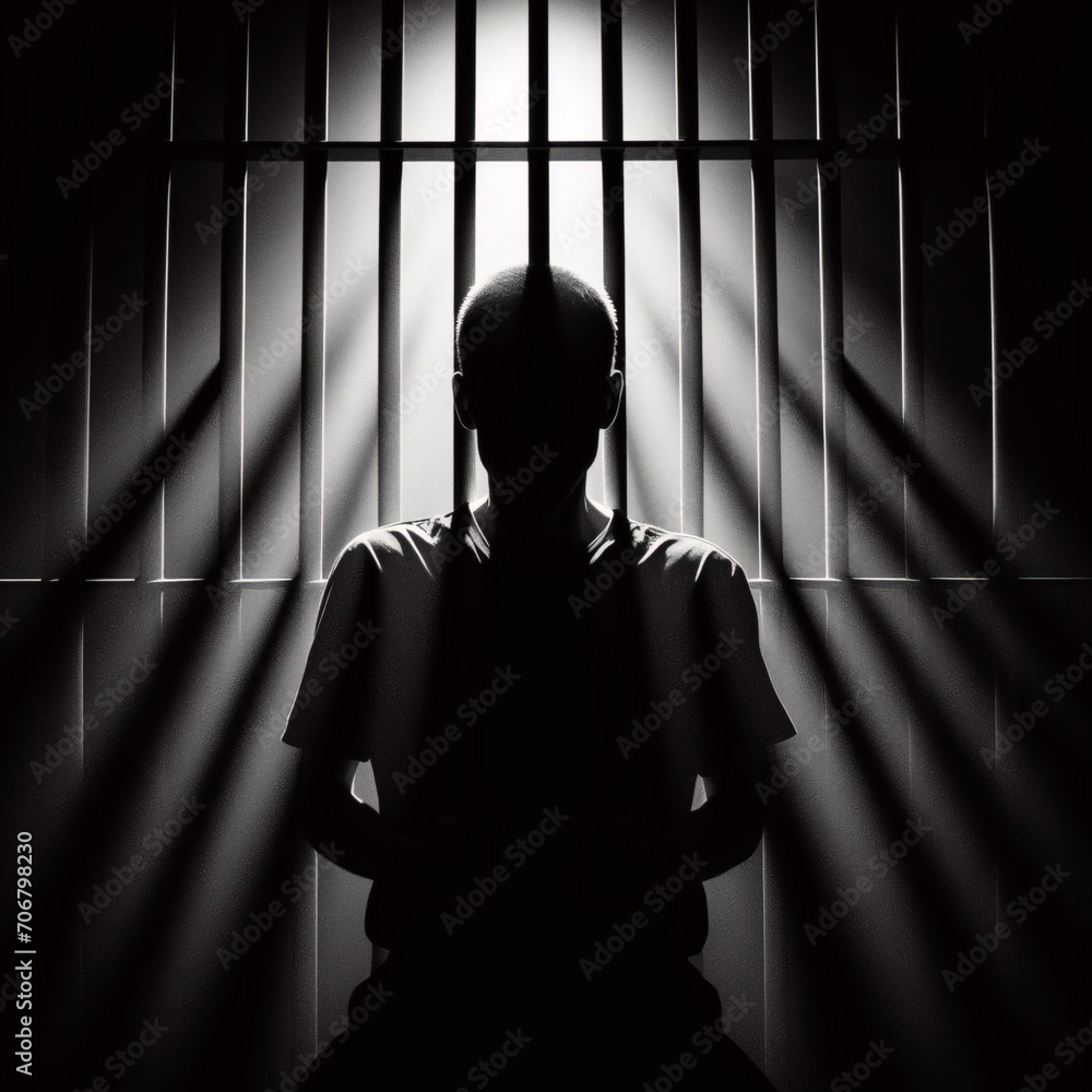 silhouette of a prisoner behind bars. Man in prison, desperate criminal ...