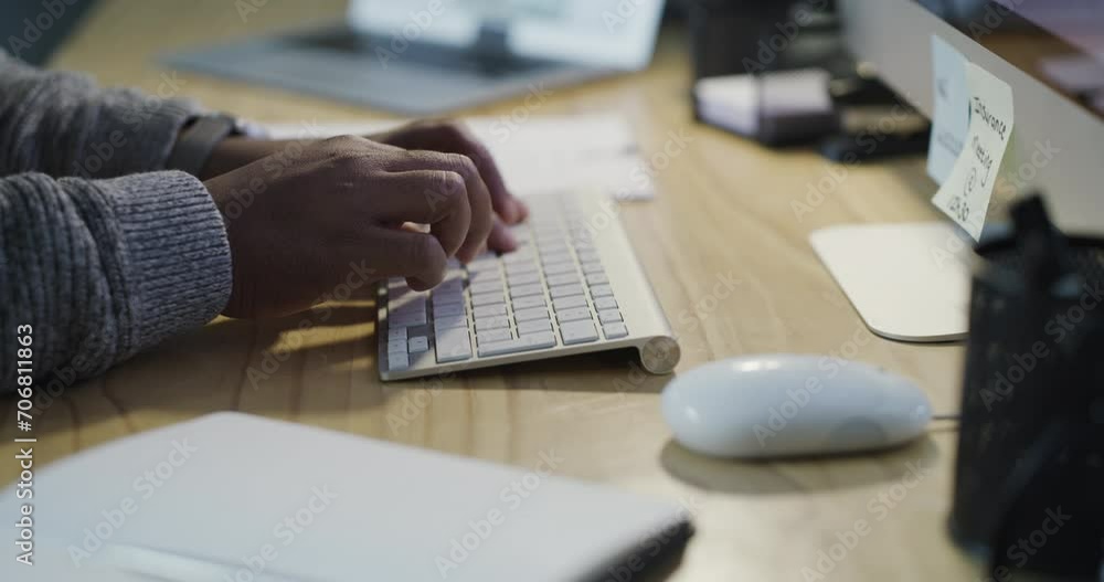Mouse, keyboard and business person typing at table in office, working ...