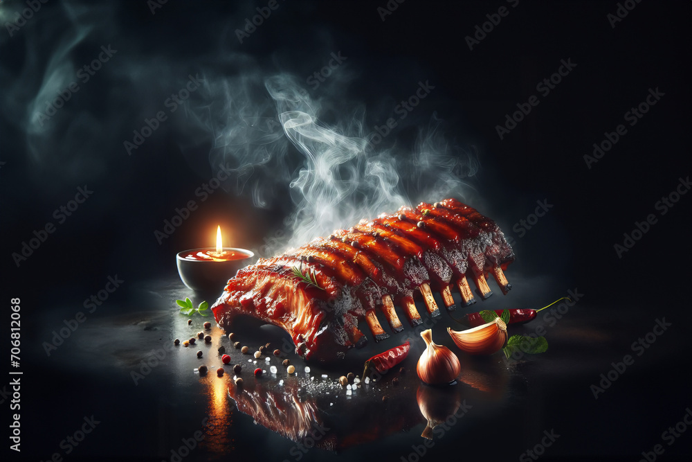 Pork ribs, smoked pork, light play and black background. Ideas for ...