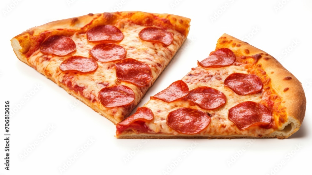 Two slices of cold leftover pepperoni pizza against a white background ...