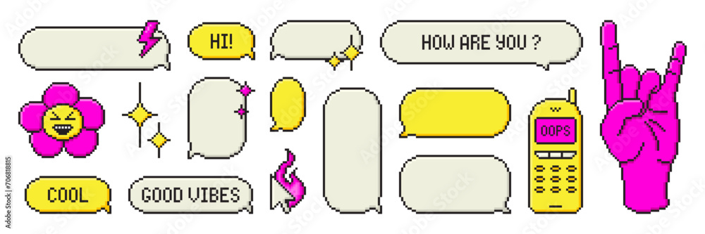 Set of pixel art dialogue box, hand, phone, star, flower. Speech ...
