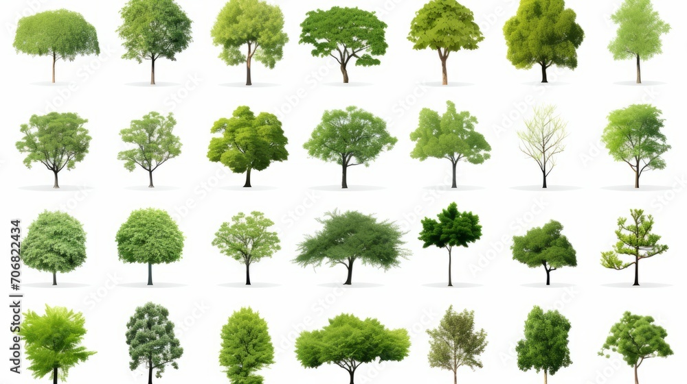 Set of green trees isolated on white background. Different kinds of ...