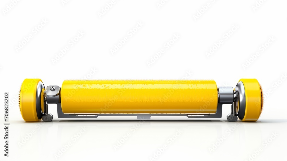 Roller paint tool with long yellow paint track stroke isolated on white ...