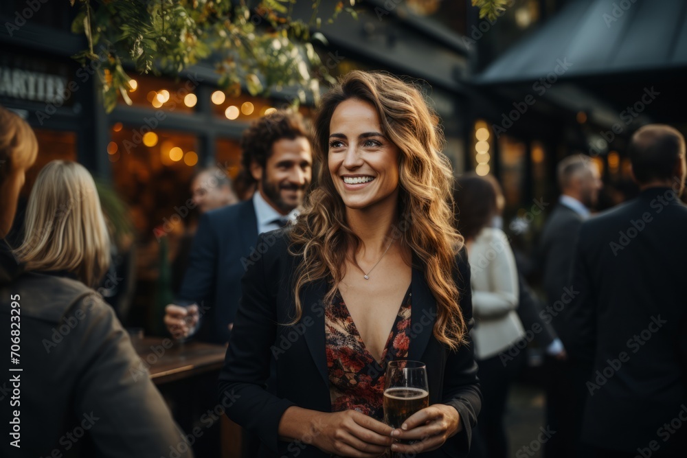 Lively outdoor networking event where professionals with beverages in ...