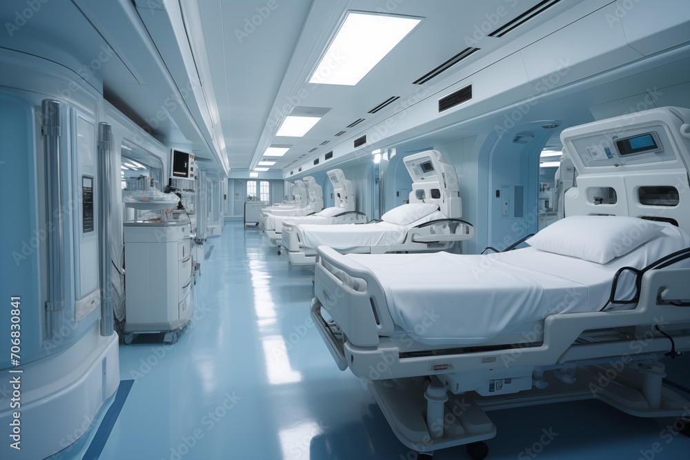 modern, clean hospital ward with a row of empty beds, medical equipment ...