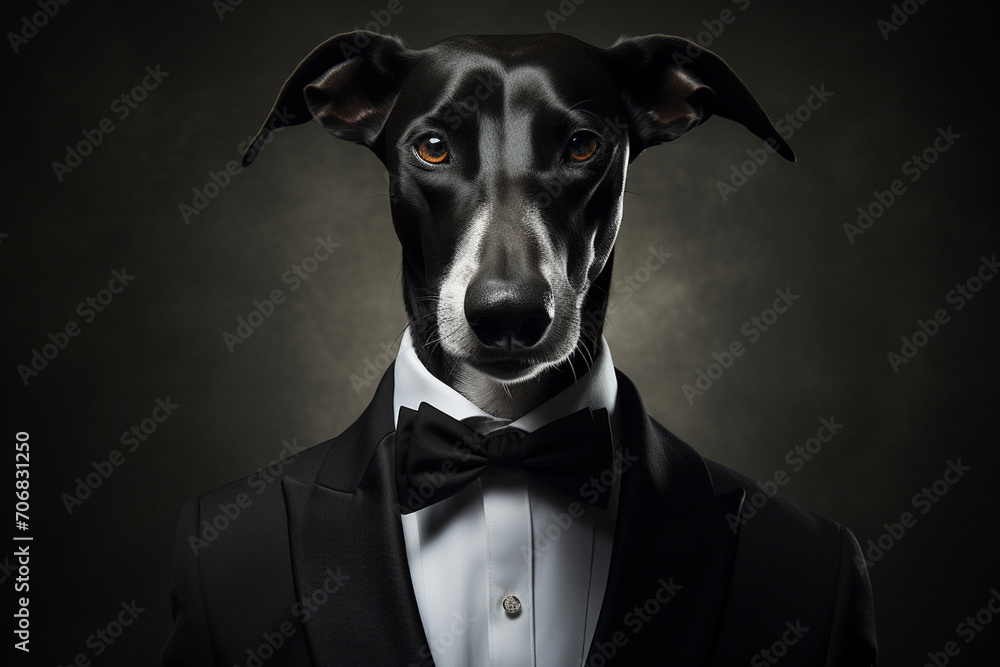 An elegant Greyhound draped in a tailored tuxedo, exuding ...