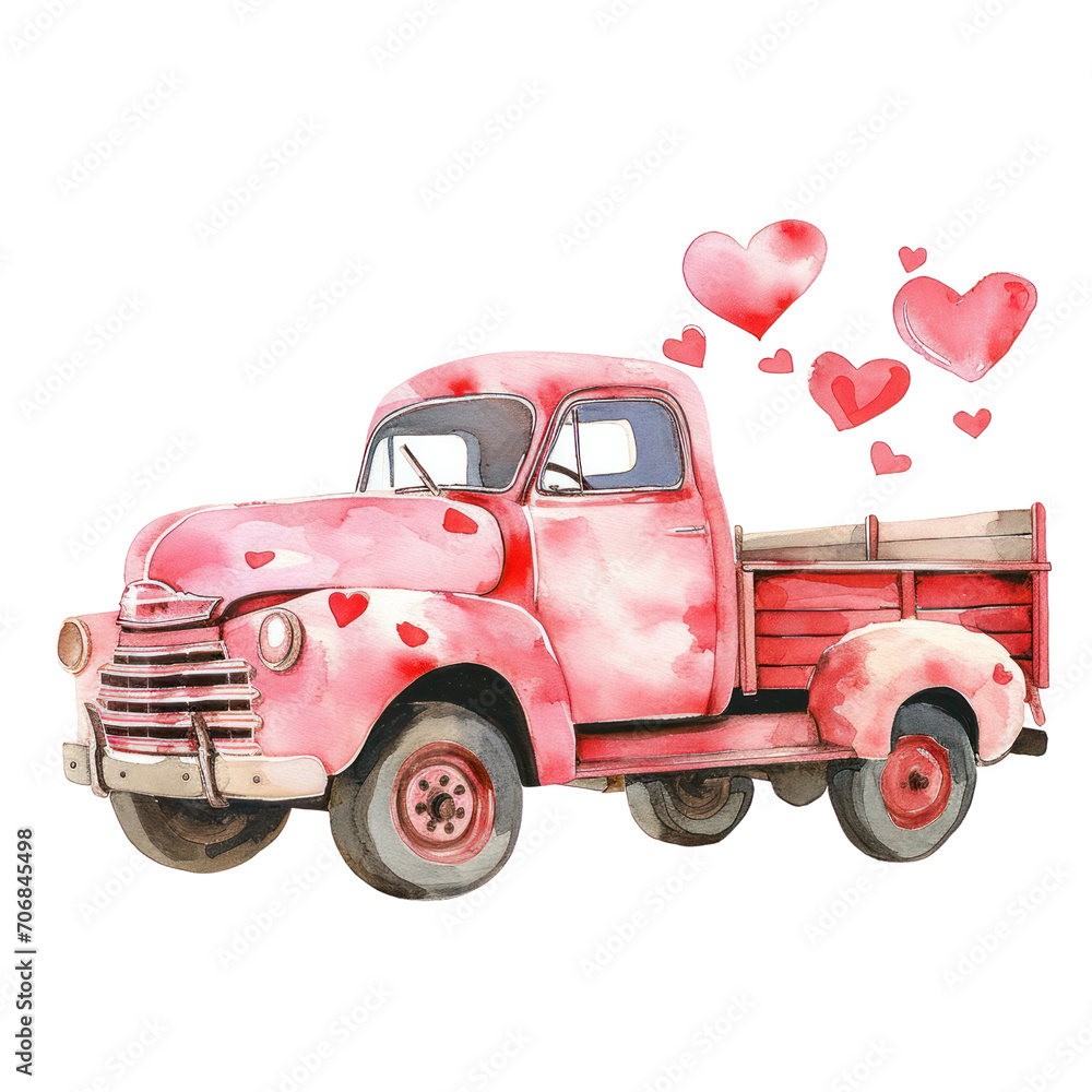 Watercolor illustration of heart shape vintage truck, Valentine's day ...