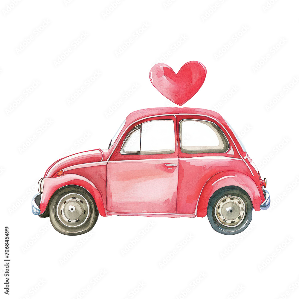 Watercolor illustration of heart shape above the car, Valentine's day ...