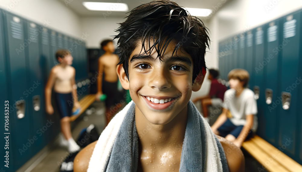 Freshman boys in the gym locker room after a sports game at school ...