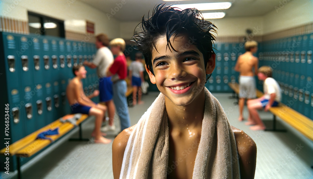 Freshman boys in the gym locker room after a sports game at school ...