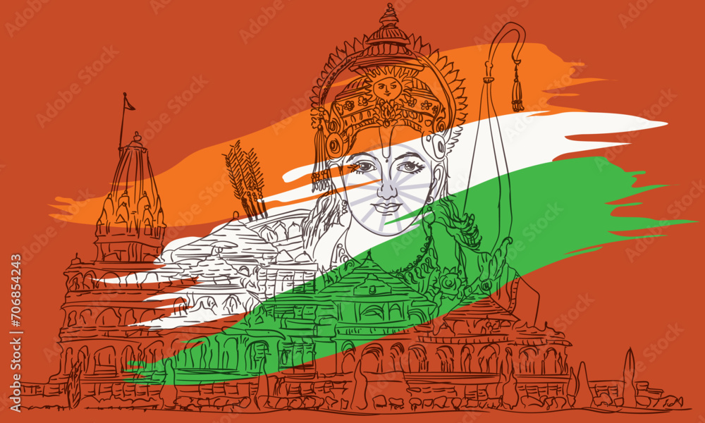 Indian flag or three colors, ayodhya ram mandir with god rama Stock ...