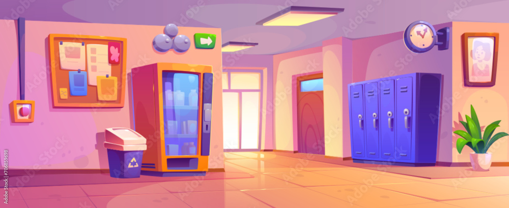 Empty school hallway with doors to classrooms, lockers and vending ...