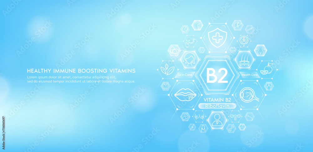 Vitamin B2 or Riboflavin with medical icons. Vitamins minerals from ...