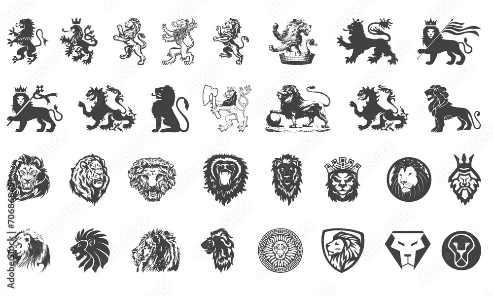 Lion glyph set. Lion head monochromatic style collection. Lion icons ...