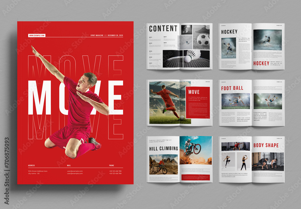 Sports Magazine Layout With Red Accents Stock Template | Adobe Stock