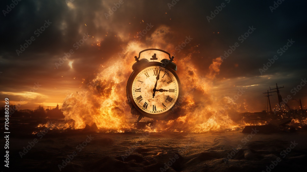 Overview of a wide scene displaying a clock consumed by flames, the ...