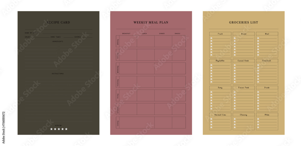 set of Recipe card and Meal Planner and groceries list planner. Plan ...