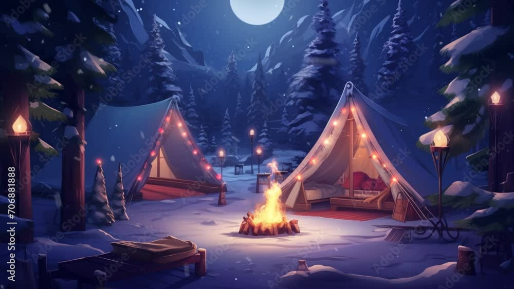 camping in winter. Winter campsite with glowing campfire and warm tents ...