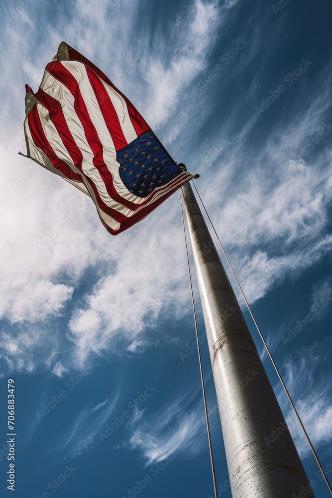 American flag soaring high in the sky, suitable for patriotic and ...