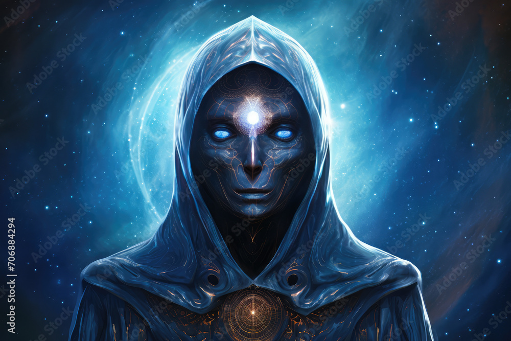 Mystical illustration of a wise-looking alien with a third eye, draped ...