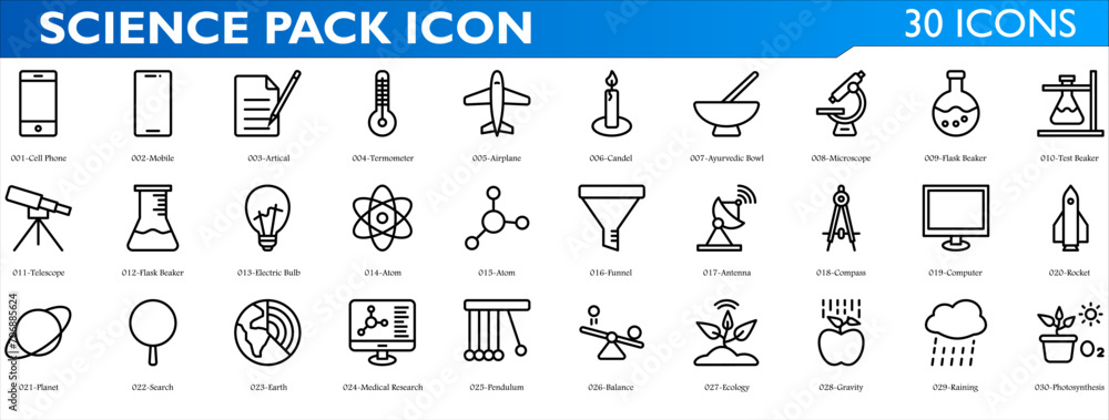 Science icon set. Containing mobile, thermometer, airplane, microscope ...